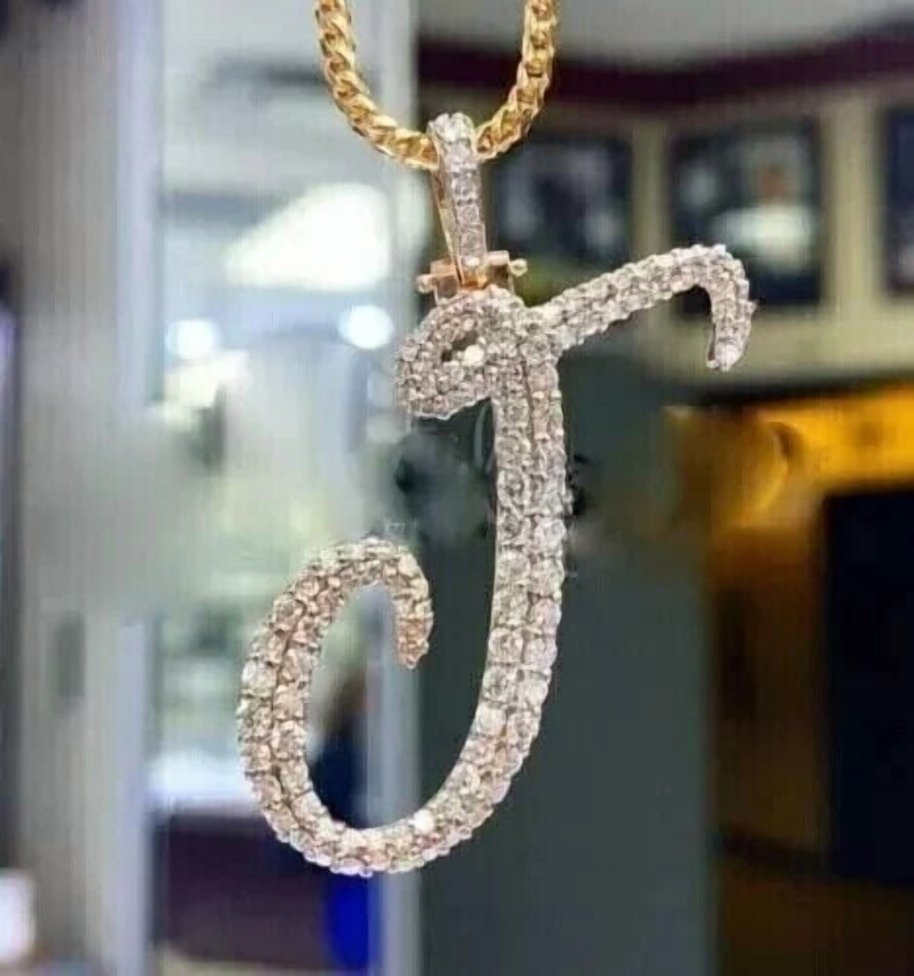 2Ct Round Cut Lab Created Diamond Men's J Letter Pendant 14K Yellow ...
