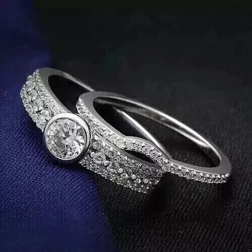 2Ct Round Cut Lab Created Diamond Women's Bridal Set Ring 14K White ...