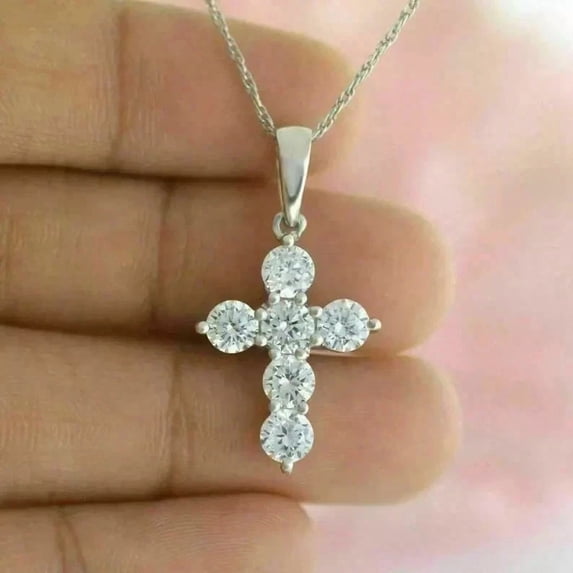 2Ct Round Cut Real Moissanite Cross Women's Pendant 14k White Gold ...