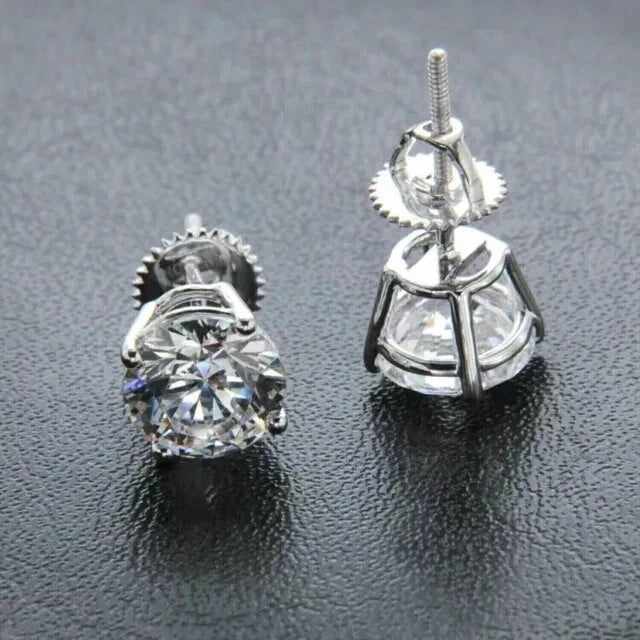 2Ct Round Cut Real Moissanite Solitaire Stud Earrings 14k White Gold ...