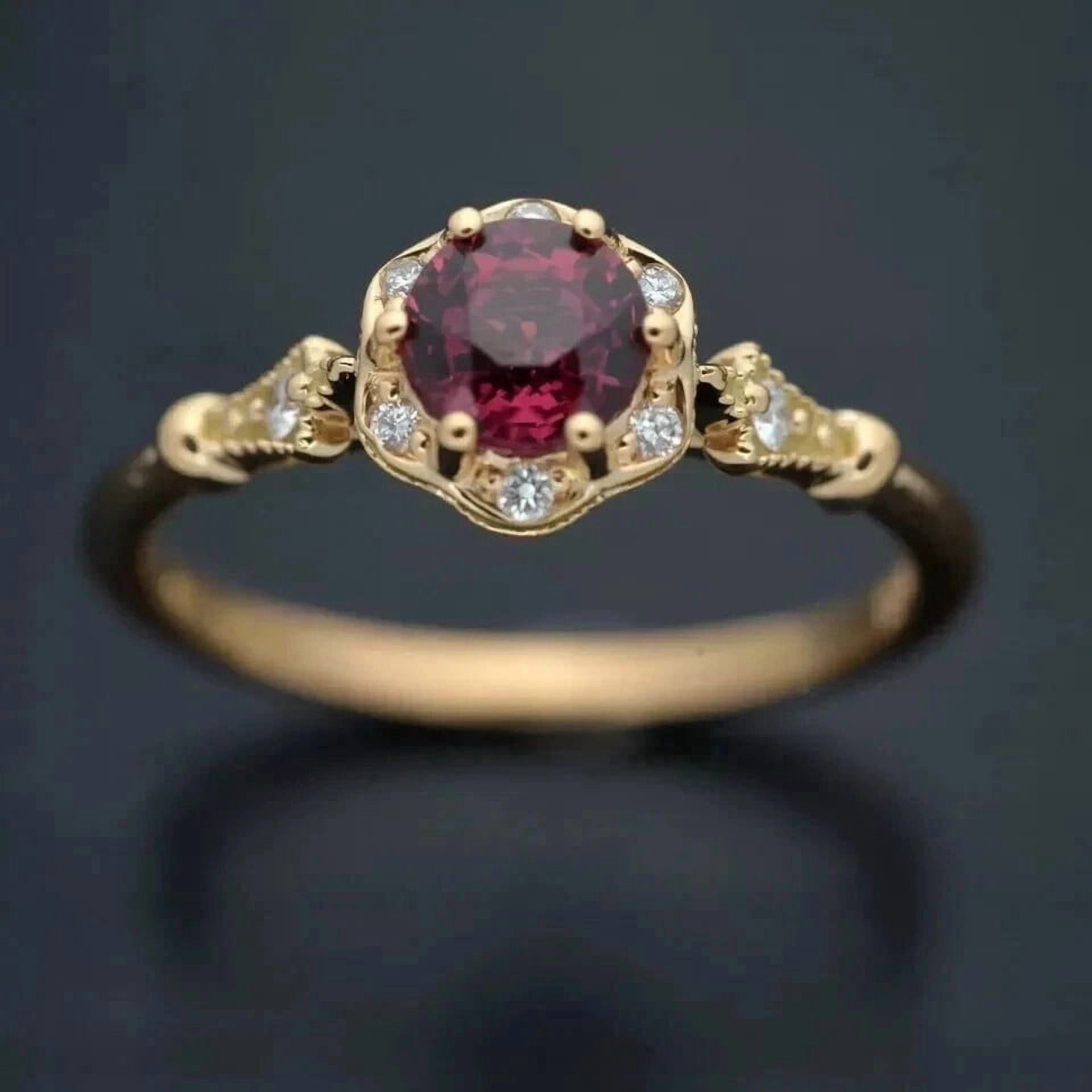 2Ct Round Cut Simulated Red Garnet Women's Engagement Ring 14K Yellow ...