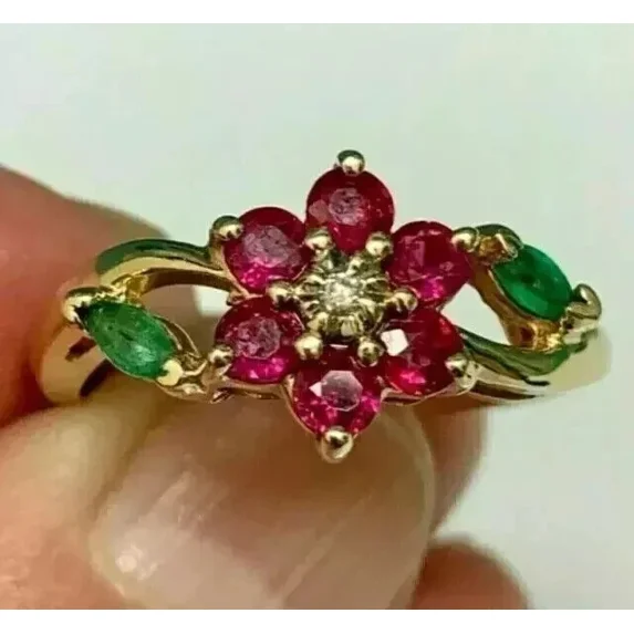 2Ct Round Cut Simulated Red Ruby Pretty Flower Wedding Ring 14K Yellow ...