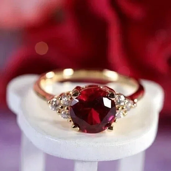2Ct Round Cut Simulated Red Ruby Women's Anniversary Wedding Ring 14K ...