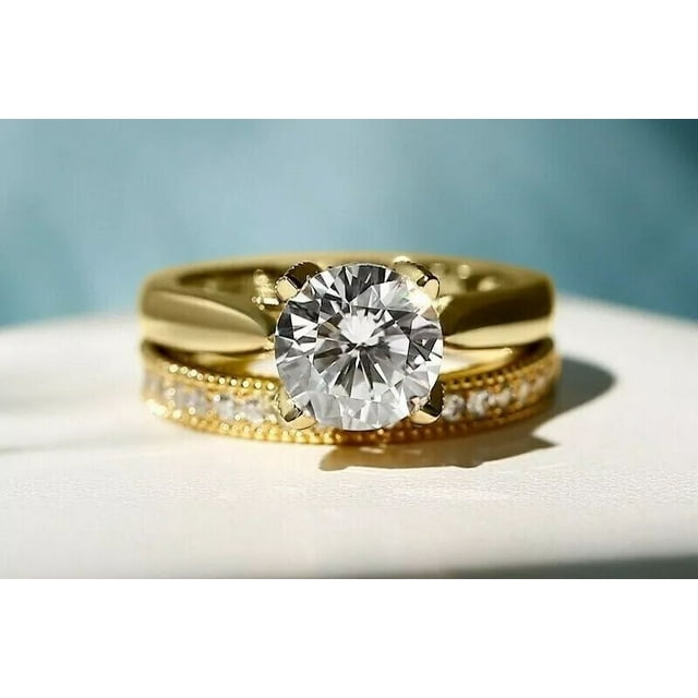 2Ct Round-Cut VS1 Lab Grown Diamond Bridal Wedding Band Set Ring ...