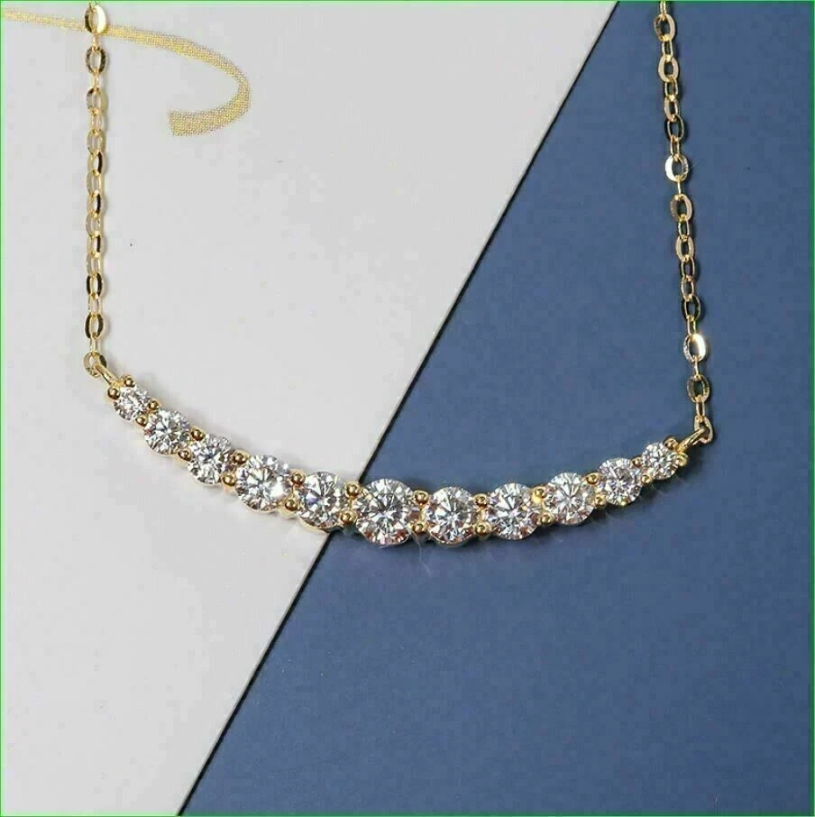 2Ct Round MOISSANITE Curved Bar Pendant Necklace 14K Yellow Gold Plated ...