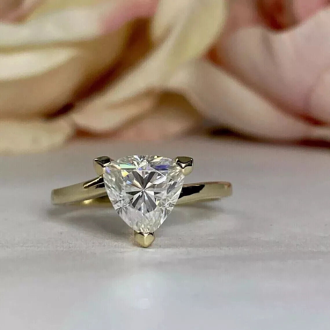 2Ct Trillion Cut Natural Moissanite Diamond Ring in 14k Yellow Gold ...