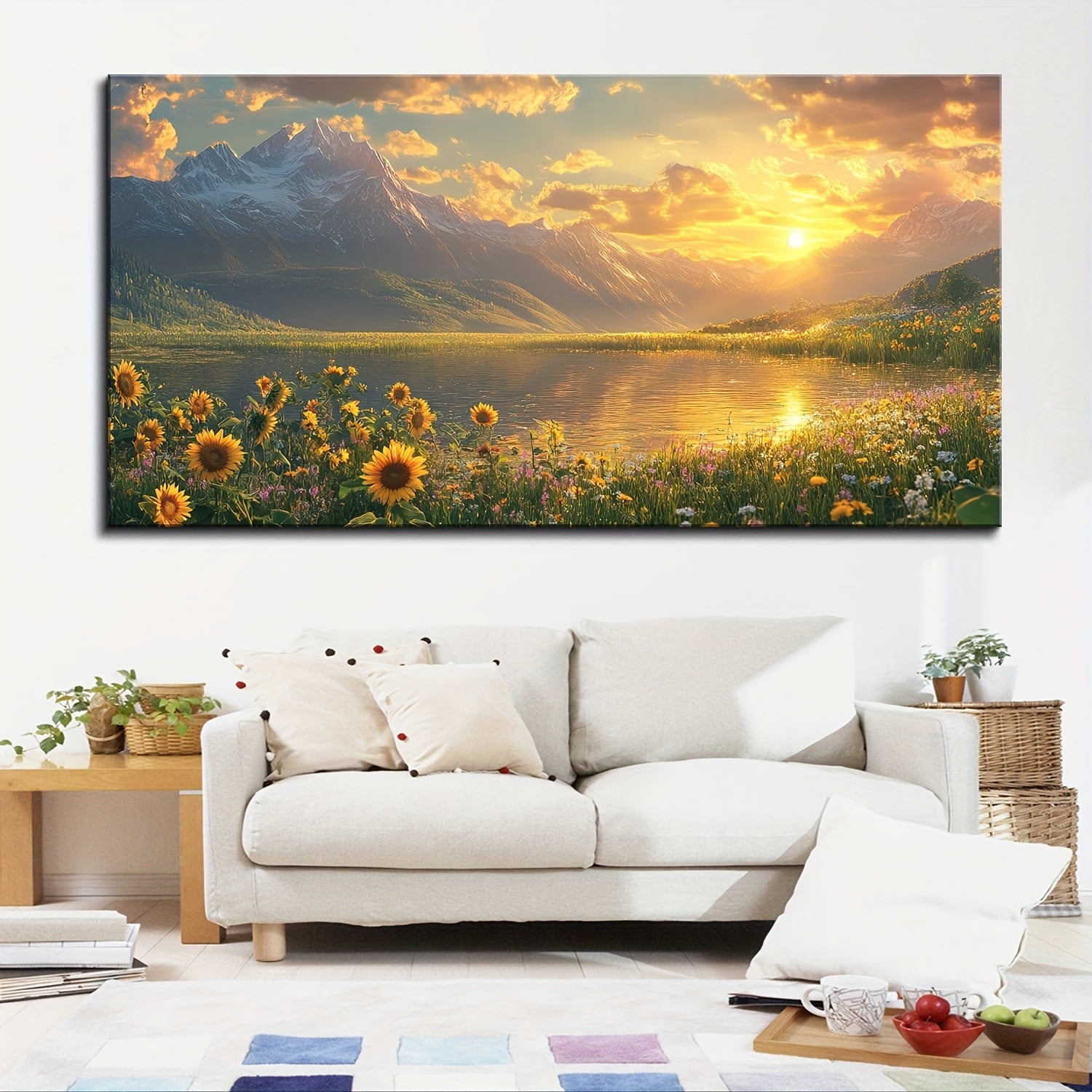 2D 1-Piece Frame Painting, Large Mountain Range Wall Art, Sunrise ...