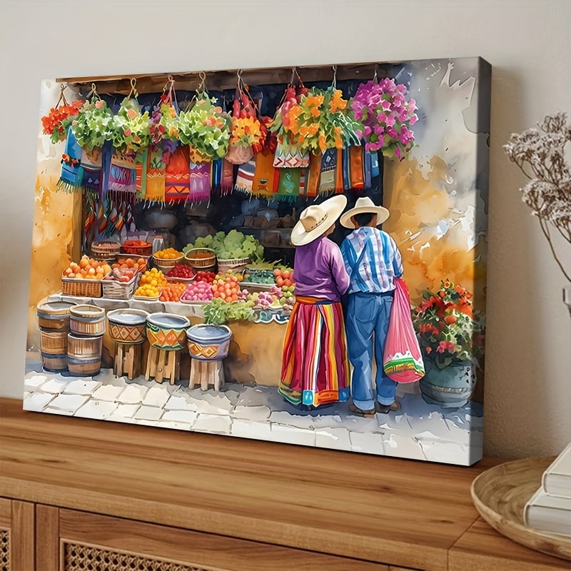 2D, 1 Piece Unique Canvas Framed Painting, Mexican Market Prints ...