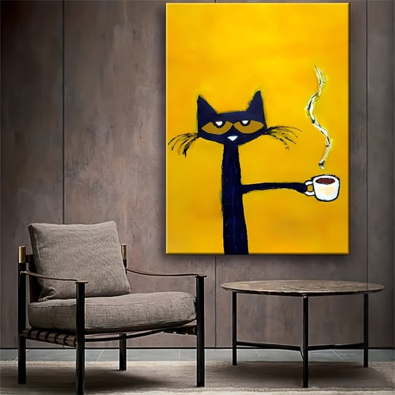 2D 1PCS Wrapped Canvas Painting Modern cat Strange cartoon style Black ...