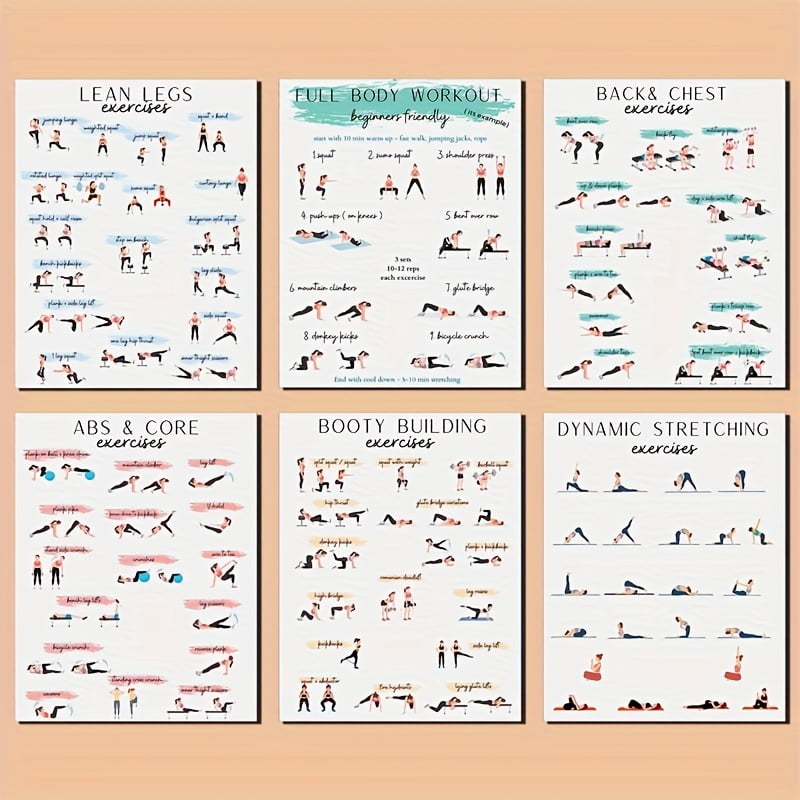 2d 6pcs 2d Full Body Workout Poster Set Fitness Sports Guide Paper