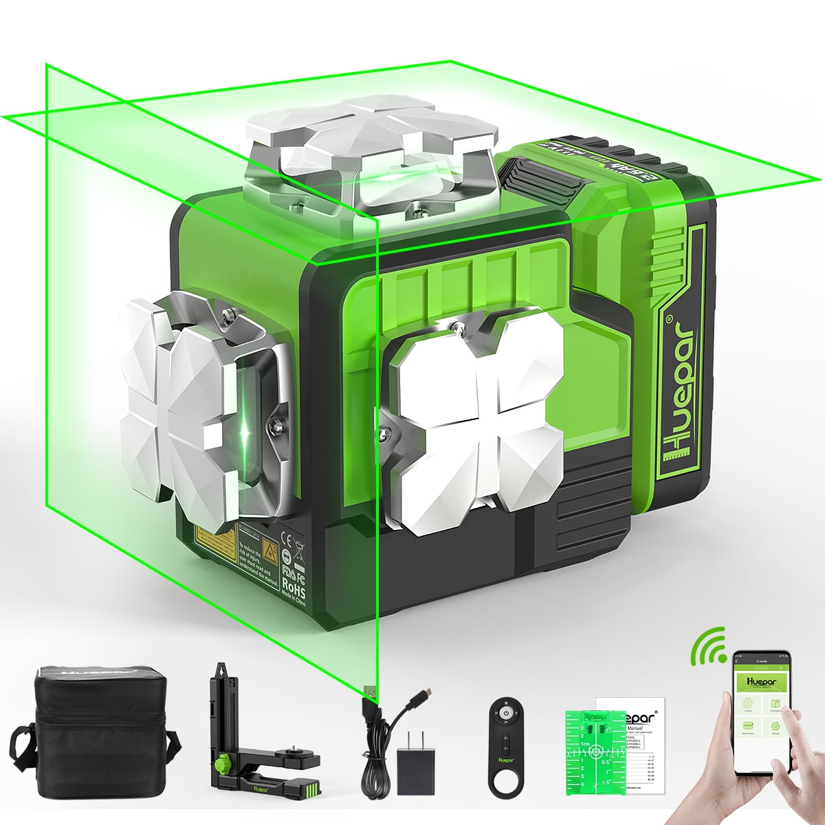 2D 8 Lines Cross Line Laser Level, 200Ft Green Beam 2 x 360° Self ...