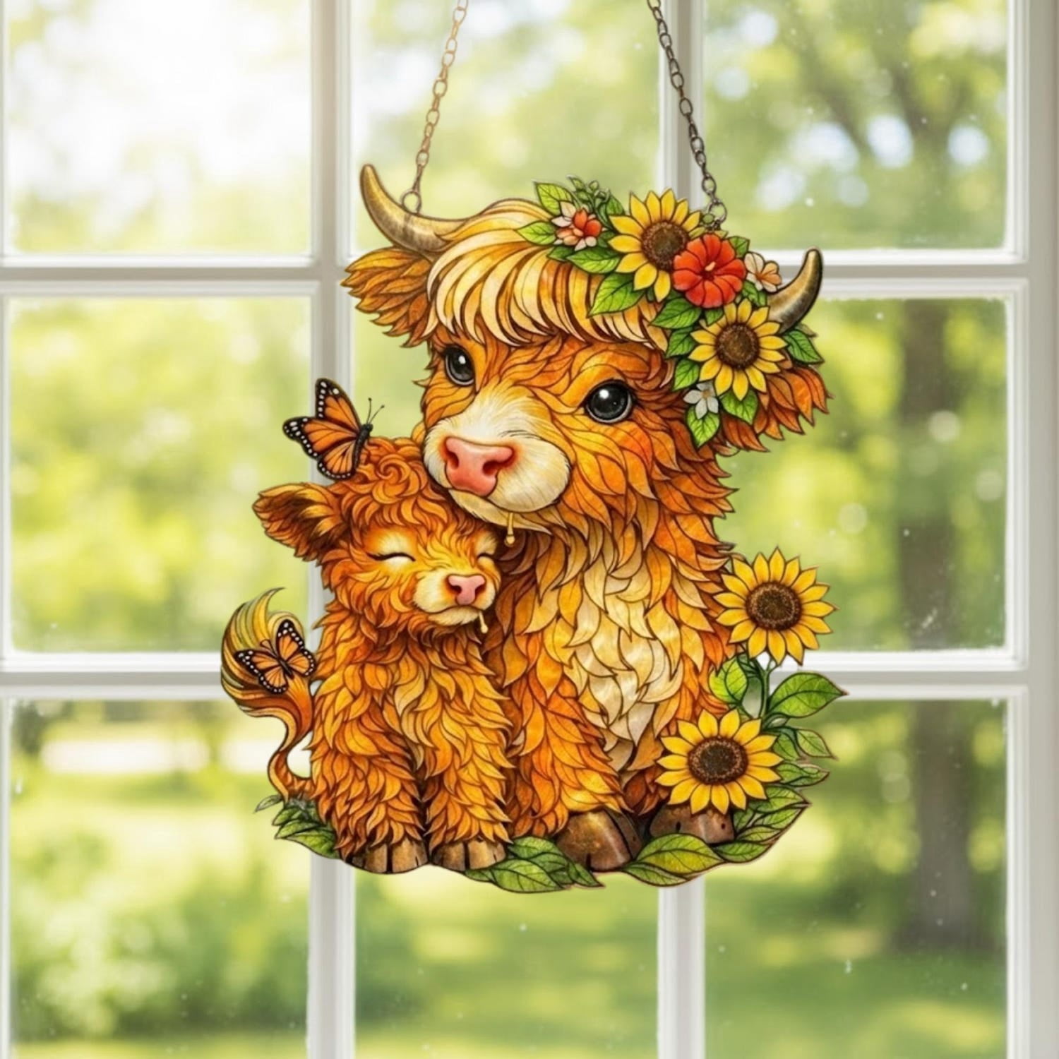 [2D ACRYLIC] Highland Cow Calf Acrylic Suncatcher, Sunflower Cow Window ...