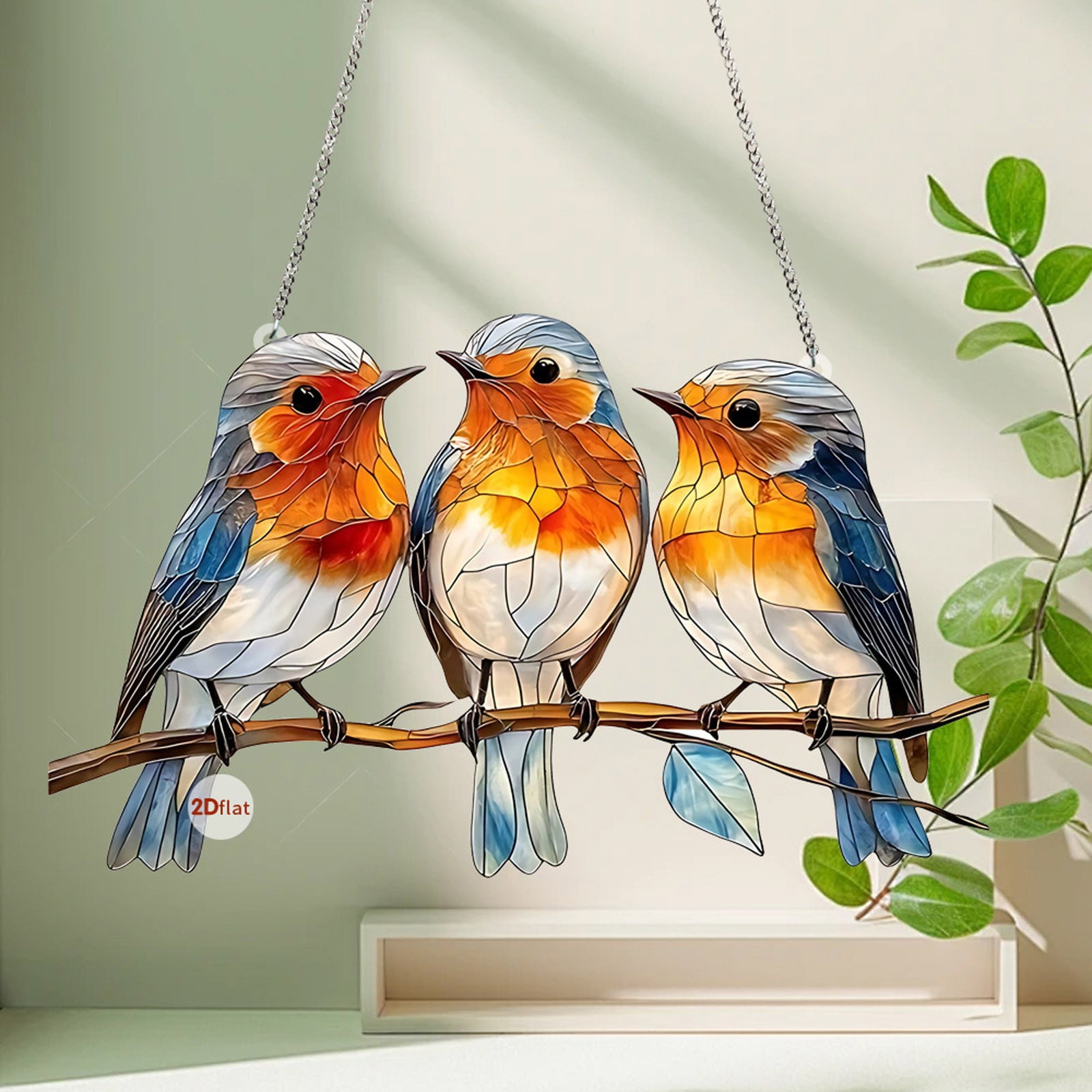 2D Acrylic Art Bird on Tree Branch Bird Wall Sculpture Bird with Leaves ...