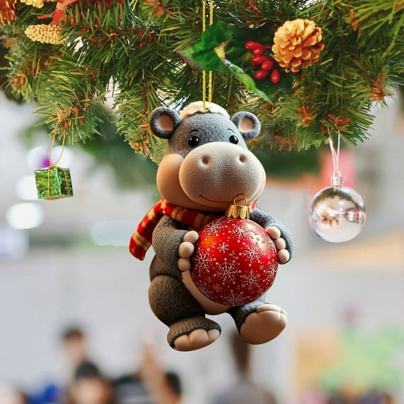 2D Acrylic Book Christmas Tree Ornament Featuring a Hippo Holding Cake ...