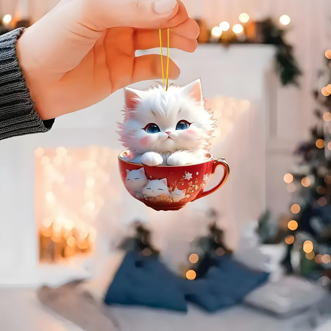 2D Acrylic Christmas Teacup Kitten Pendant Ornament, Whimsical 2D ...