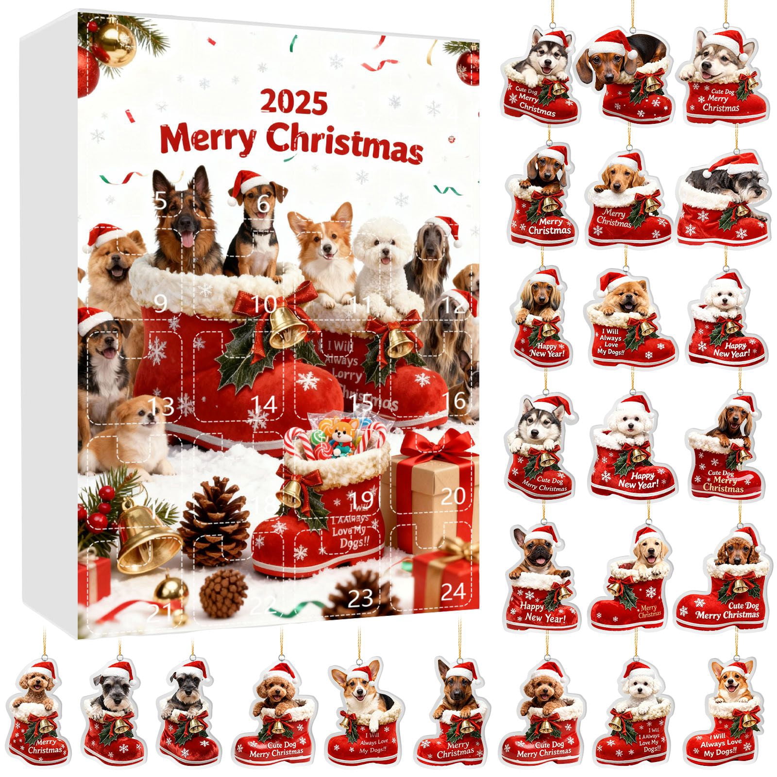 2D Acrylic Dog Advent Calendar with 24 Christmas Ornaments, Pet Lover ...
