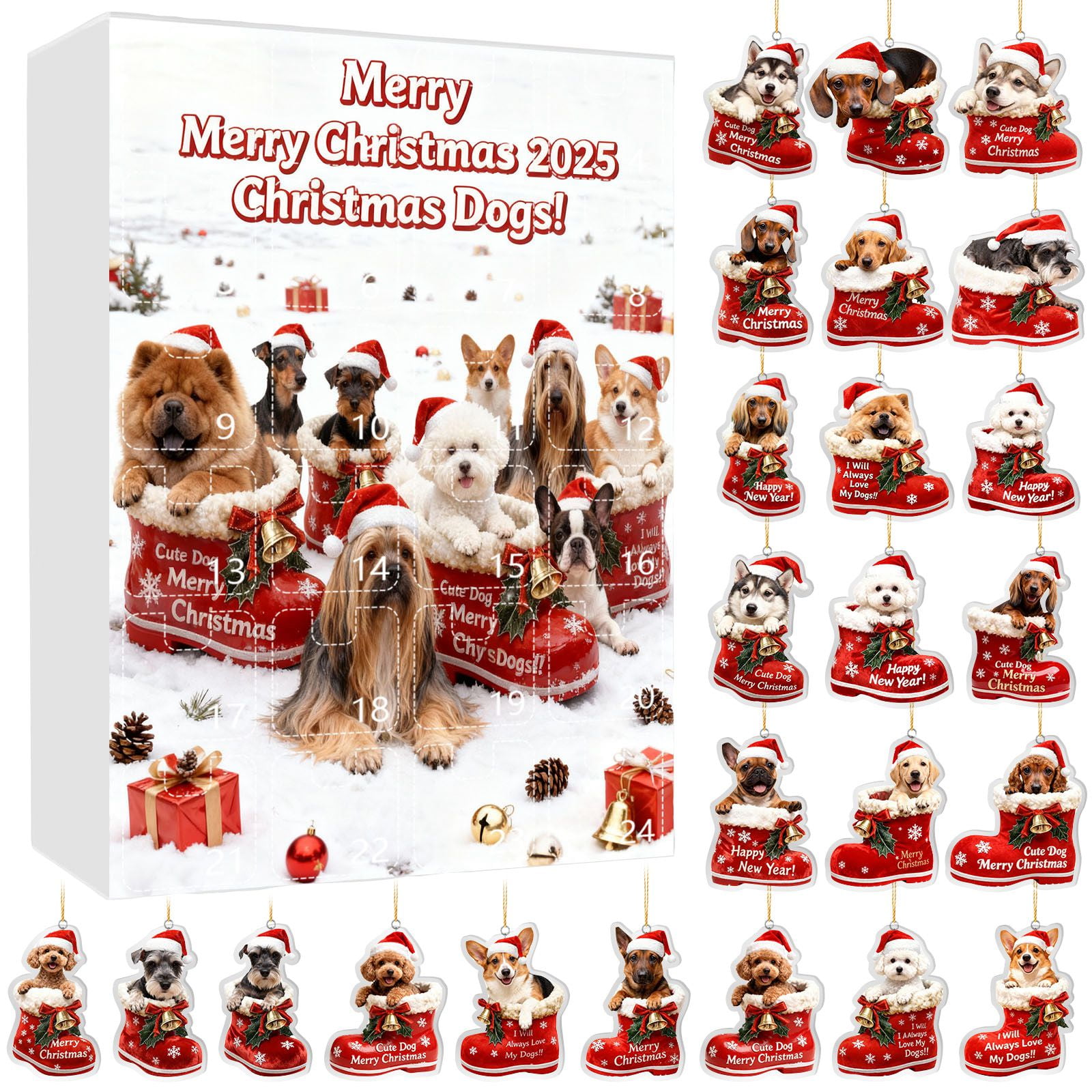 2D Acrylic Dog Advent Calendar with 24 Christmas Ornaments, Pet Lover ...