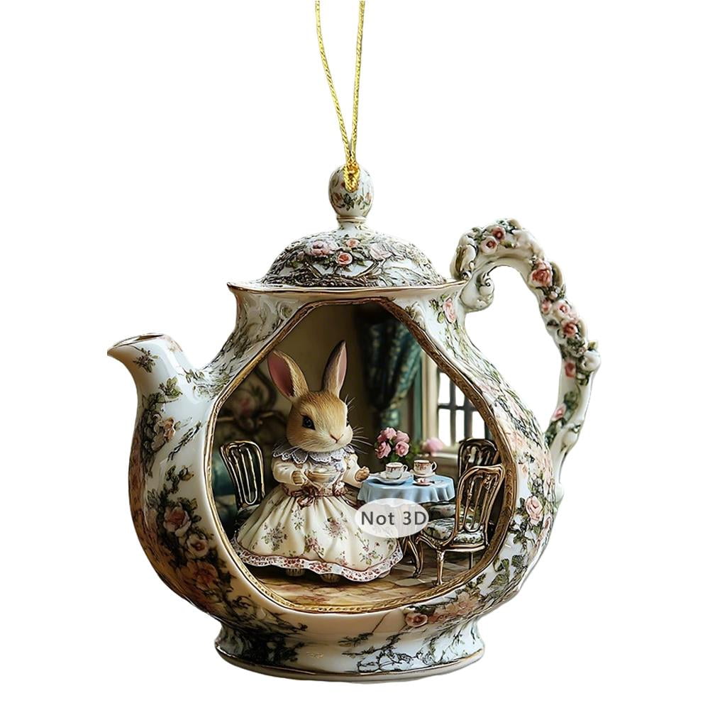 2D Acrylic Ornament with Floral Patterns and Rabbit Tea Party Scene for ...