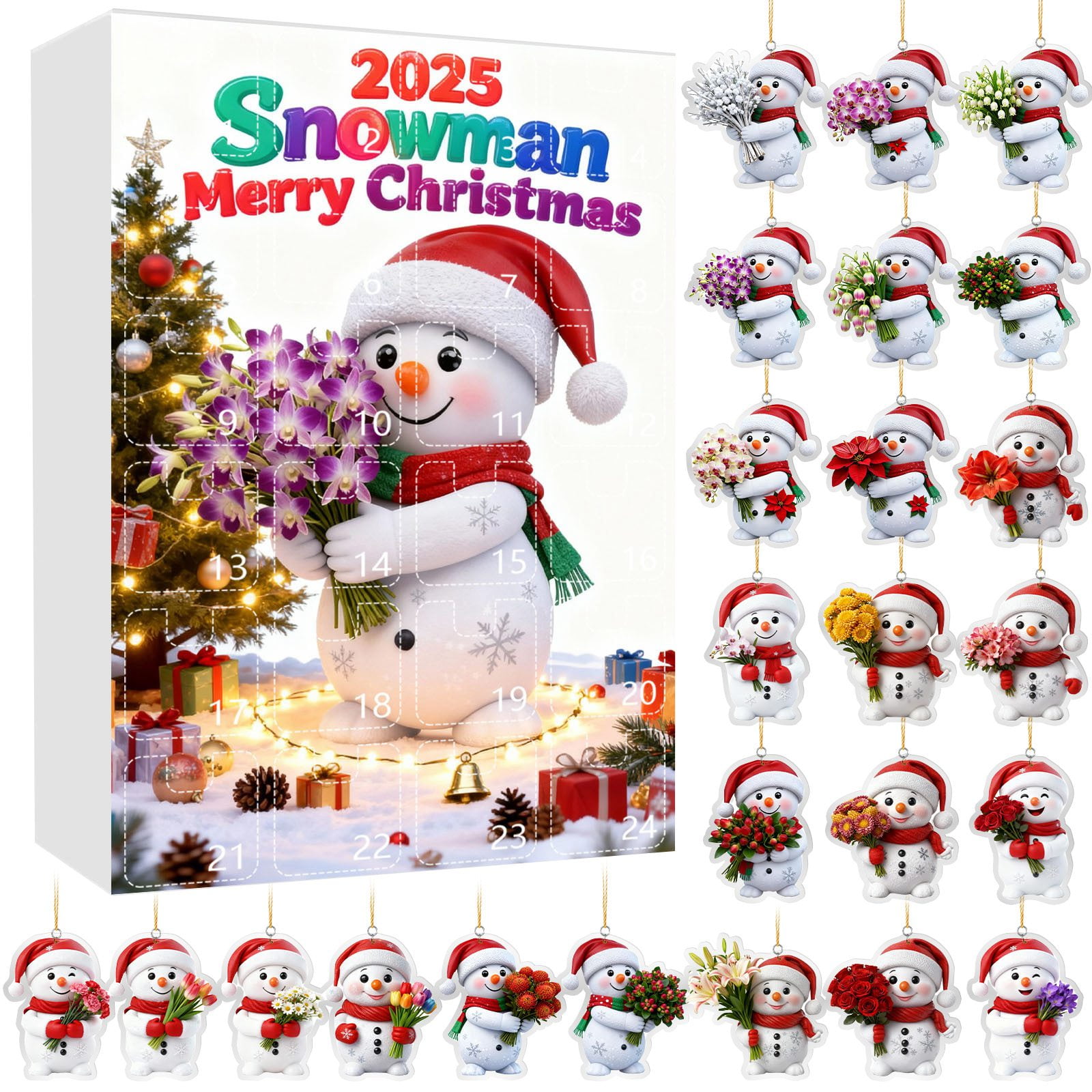 2D Acrylic Snowman Flower Christmas Advent Calendar, 24 Day Countdown Calendar with Snowmen and ...