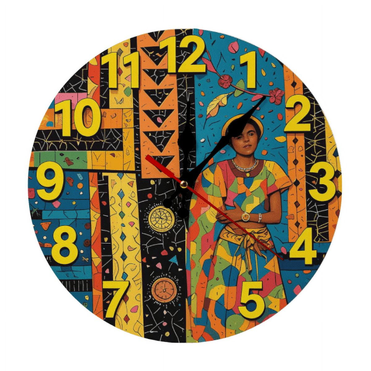 2D African Woman Wall Clock Colorful Art Decor 10-Inch Wooden Wall ...