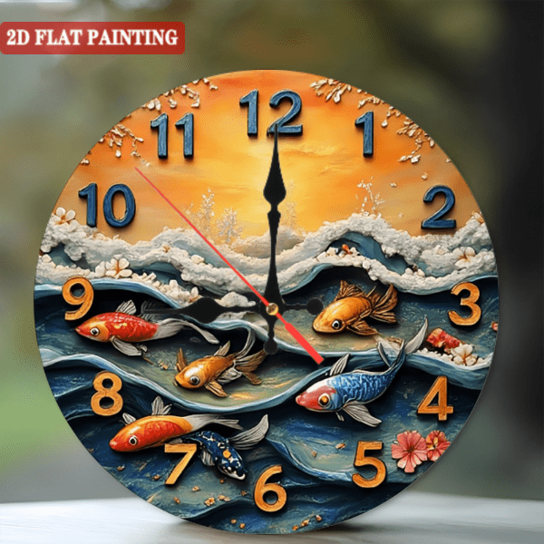 2D Artistic Koi Fish Wall Clock Ocean Sunset Decor 10-Inch Wooden Wall ...