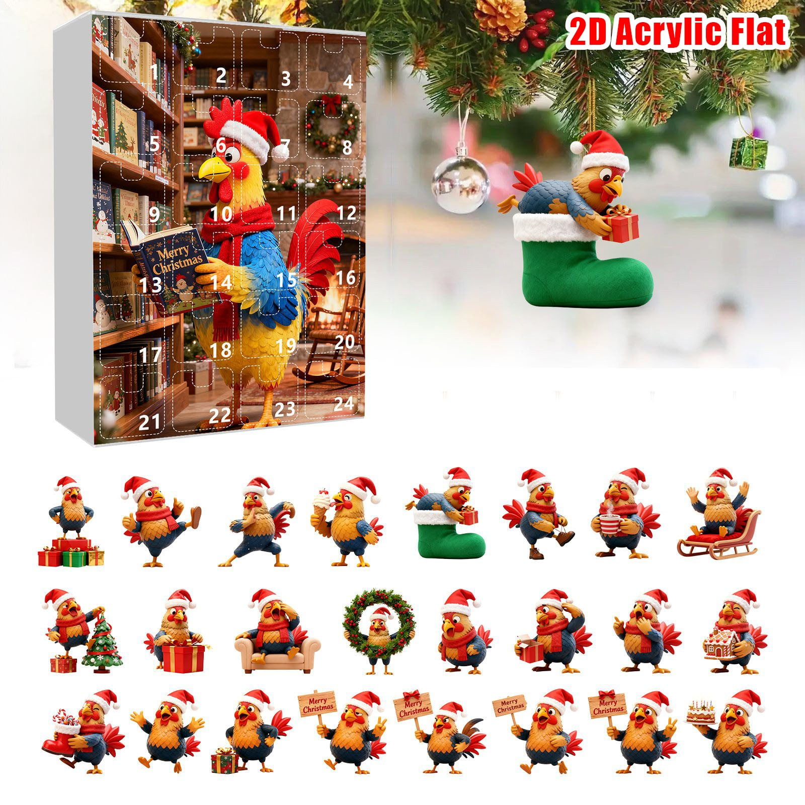 2D Cartoon Chicken Christmas Hanging Ornament Advent Calendar Set 24 ...