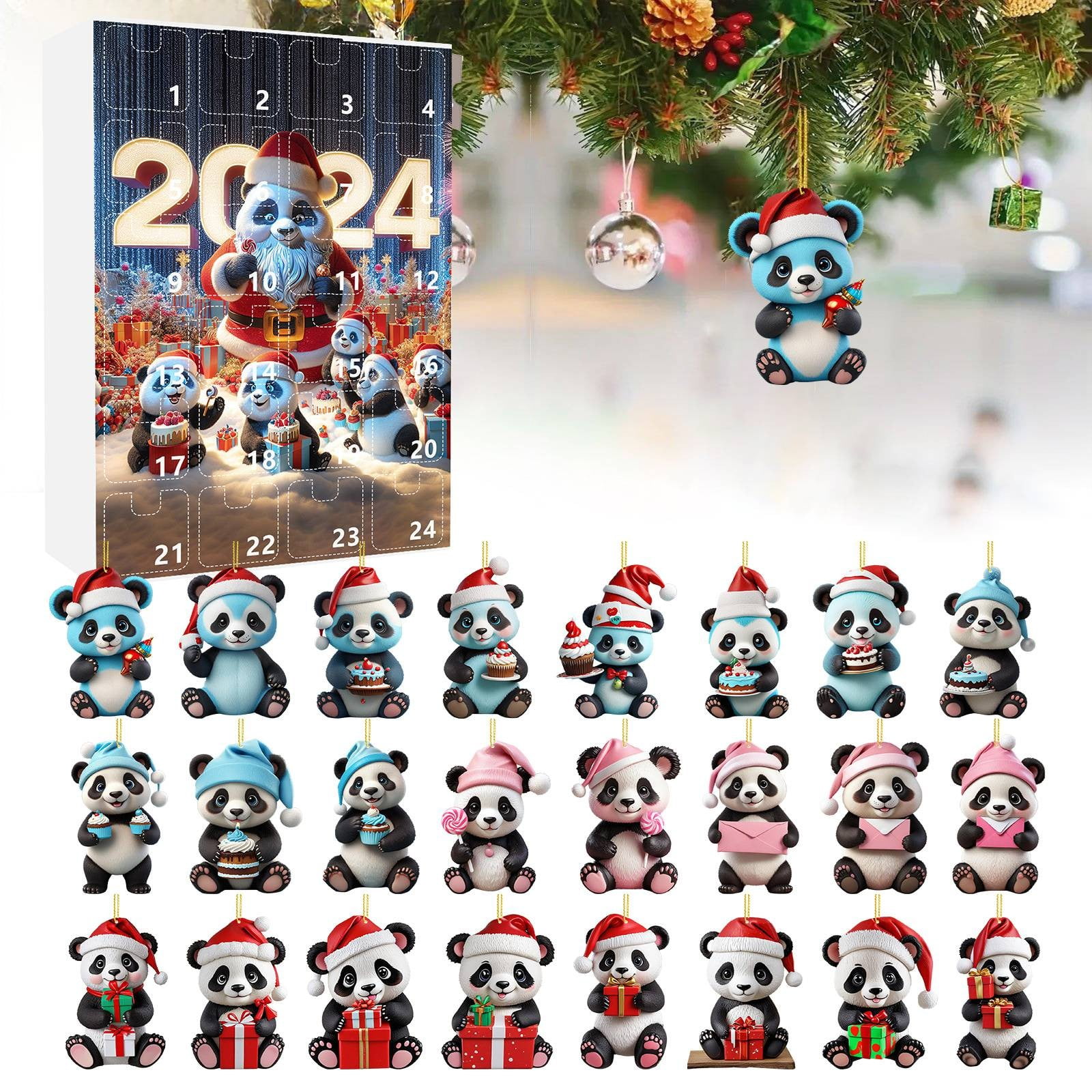 2D Christmas Panda Ornaments Set With Santa Hat 2024 Holiday Advent ...