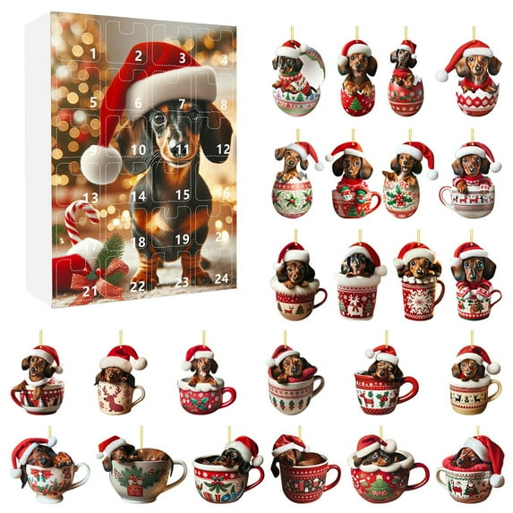 2D Christmas Sausage Dog Home Ornaments Countdown Set for 2024 Holiday ...
