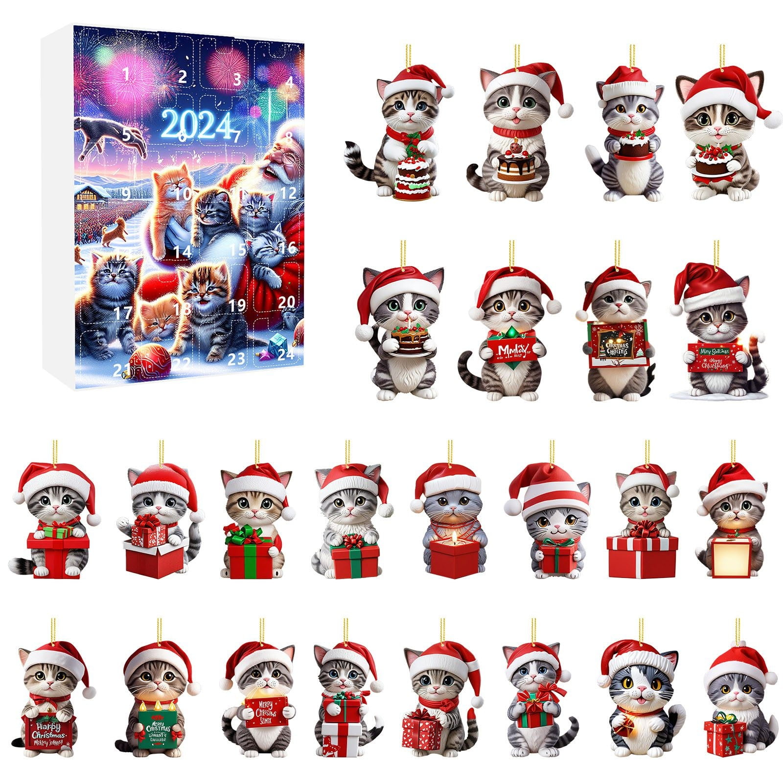 2D Christmas Tree Set with Santa Hat Cats 24-Piece Advent Calendar for ...