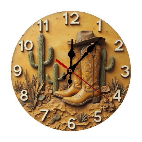 2D Cowboy Boots Cactus Wall Clock Western Decor 10-Inch Wooden Wall ...