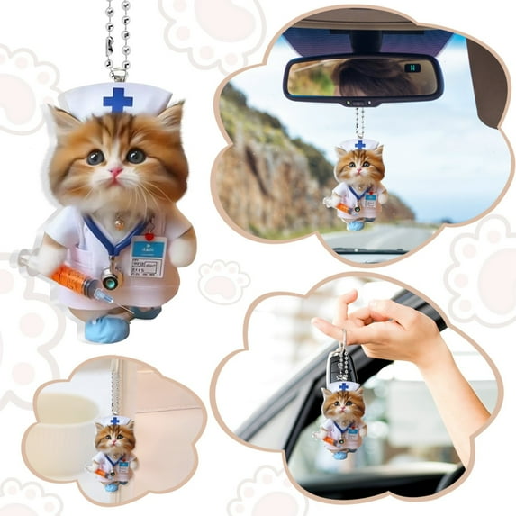 2D Cute Acrylic Car Pendant Keychain Cartoon Nurse Cat Flat Ornament ...