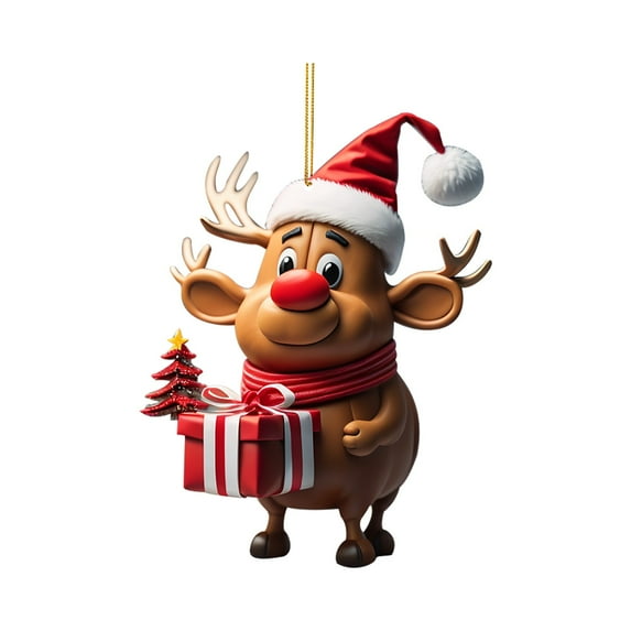 2D Cute Reindeer Christmas Acrylic Ornament with Santa Hat and Gift ...