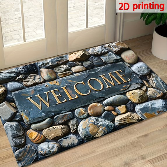 2D Elegant Welcome Pebble Design Door Mat - 6Mm Thick Rectangular Rug ...
