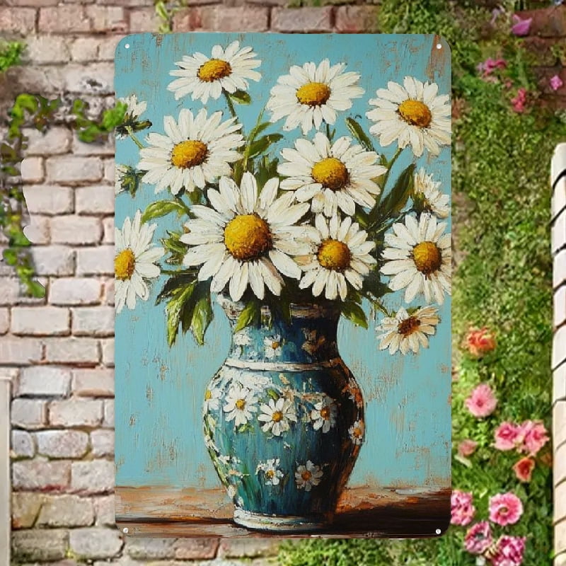2D FLAT Charming Vintage Daisy Metal Wall Art - 8x12 Inch Iron Tin Sign ...