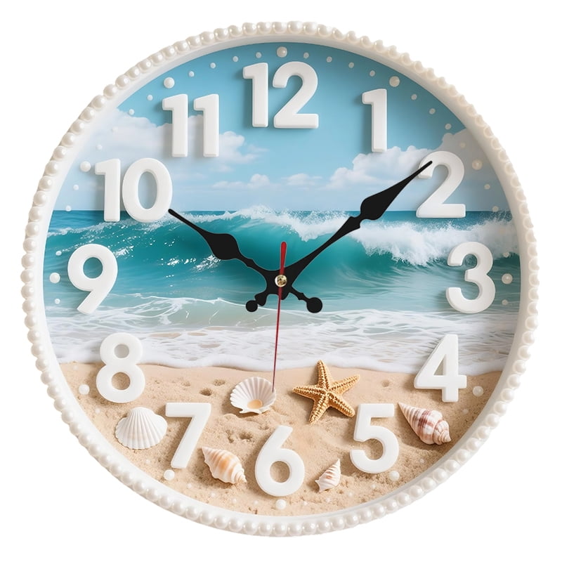 2D FLAT Silent Ocean-Themed Wooden Wall Clock, 9.8" Round - Battery ...