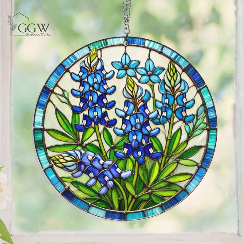 2D FLAT Texas Bluebonnet GLASS Suncatcher Hanging, Bluebonnet Sun ...