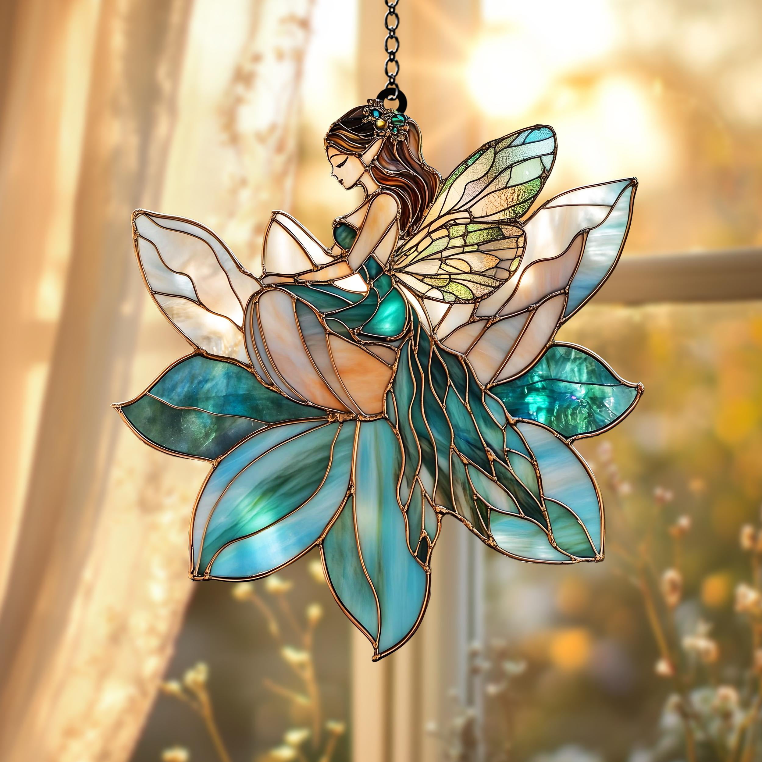 2D Fairies Lotus Flower Acrylic Window Hanging, Faux Stained Glass Wall ...