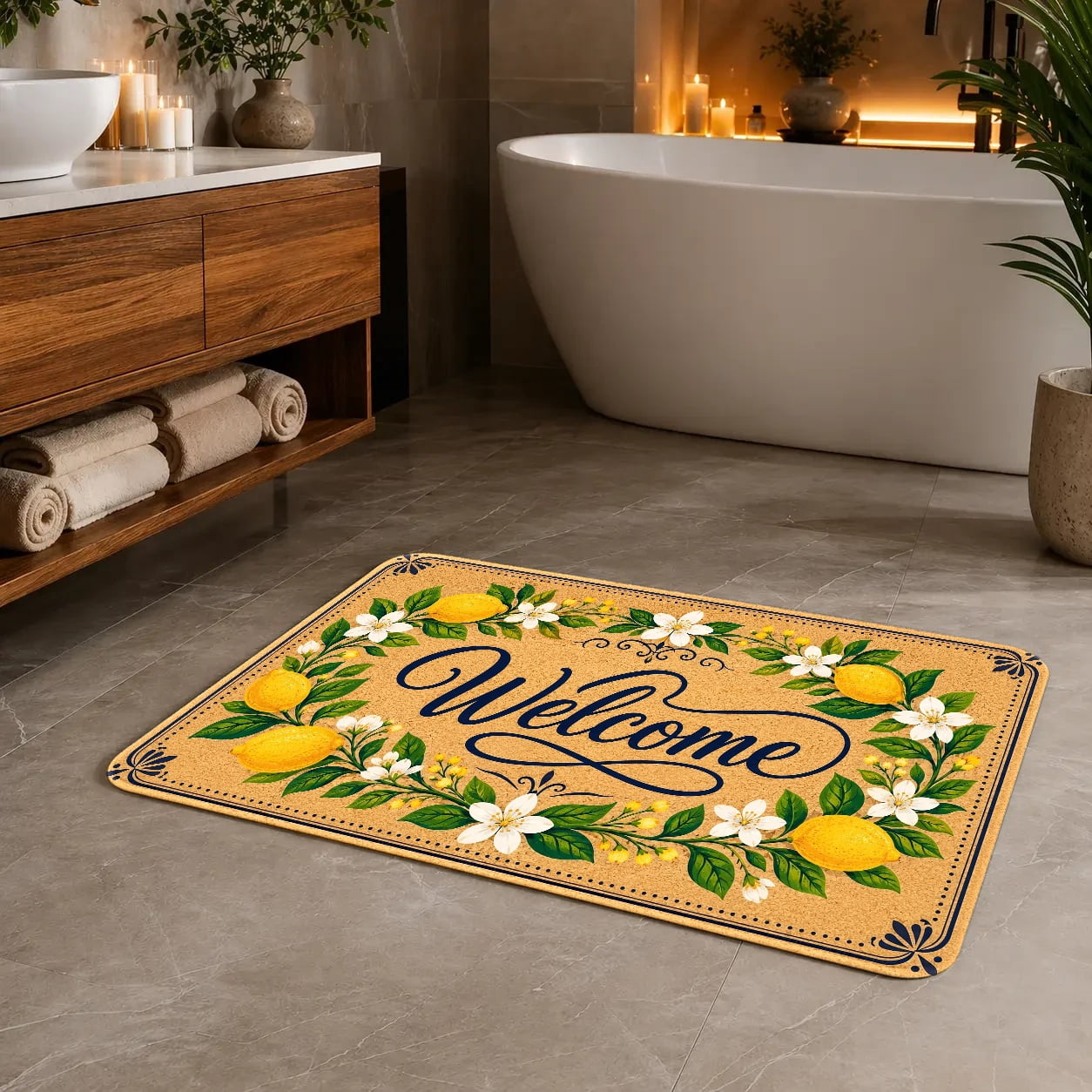 2D Flannel Durable Washable Lemon Floral Welcome Doormat, Non-Slip Mat ...
