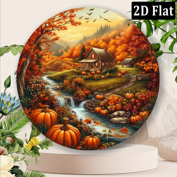 2D Flat, 1-Pack Autumn Landscape Art - 8inch Round Rustic Farmhouse ...