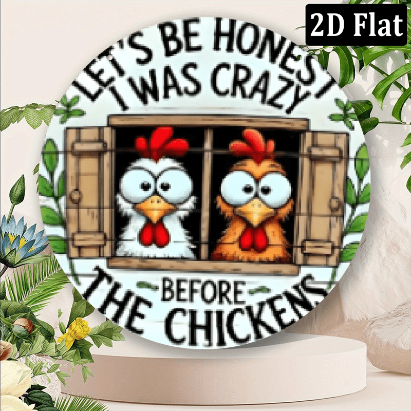 2D Flat, 1-Pack Funny Crazy Chickens Metal Wall Decor - 8x8 Inch Round ...