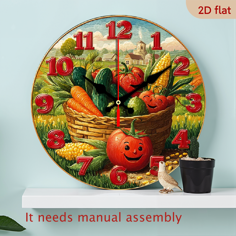 2D Flat 10Inch Wooden Farm Harvest Theme Wall Clock Red Numbers ...