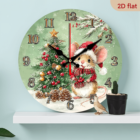 2D Flat 10Inch Wooden Festive Christmas Mouse Wall Clock - Non-Ticking ...