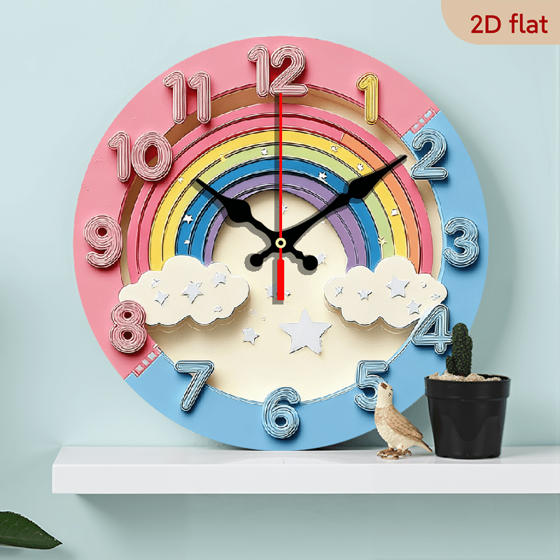 2D Flat 10Inch Wooden Rainbow Wall Clock Colorful Numbers Decorative ...
