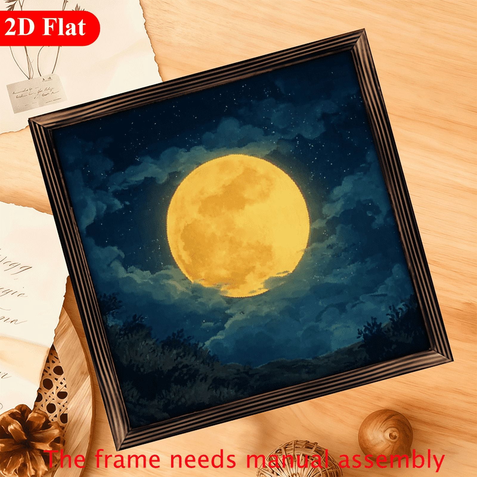 2D Flat, 12X12 inch Wooden Framed Moonlit Night Sky Wall Art Print ...