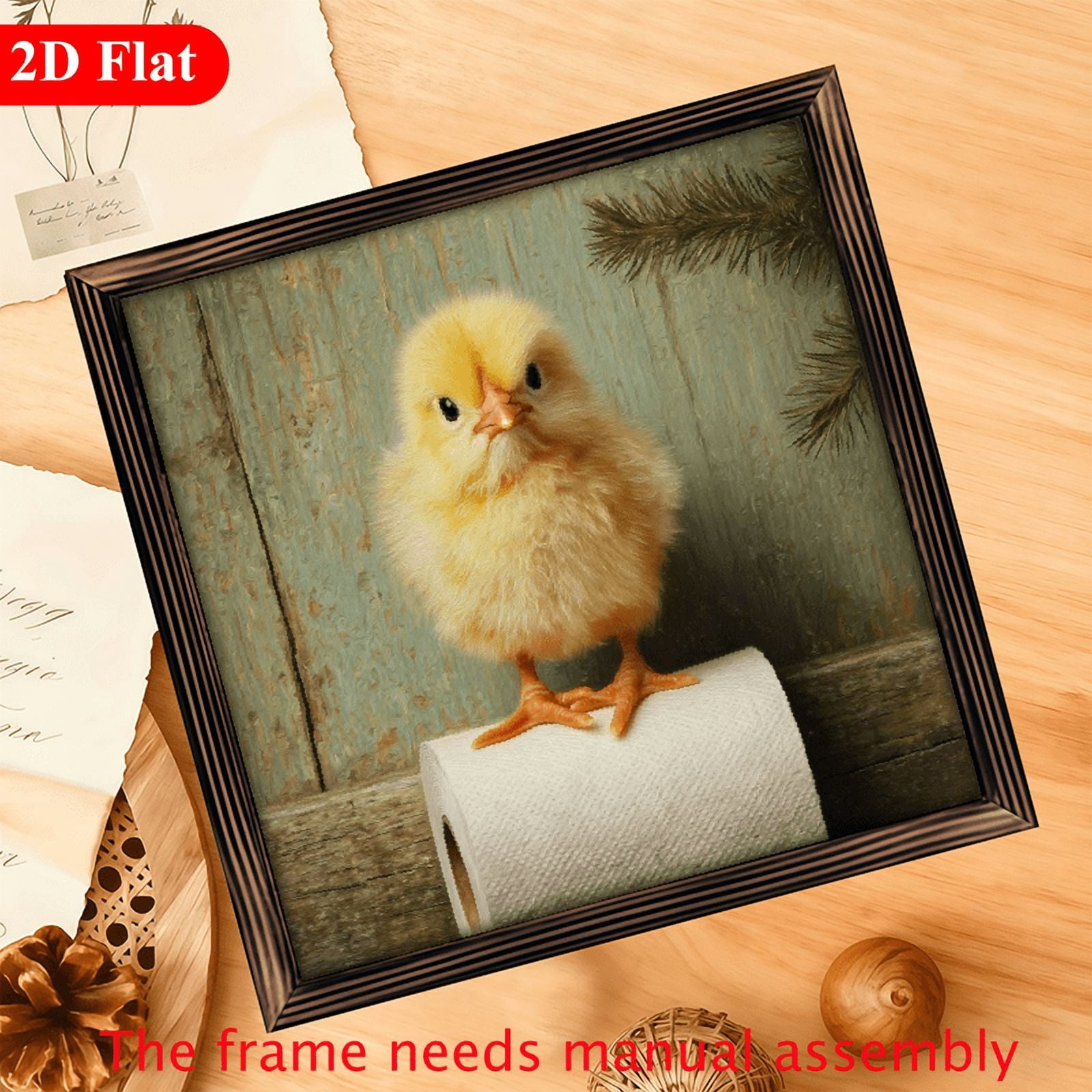 2D Flat 12x12inch1pc Rustic Wood Framed Cute Chicken on Toilet Art Sign ...