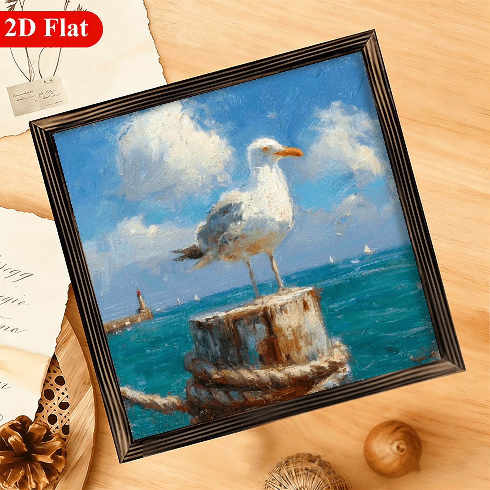 2D Flat, 1Pc Vintage Rustic Frame Sign Seagulls, dock pilings ...
