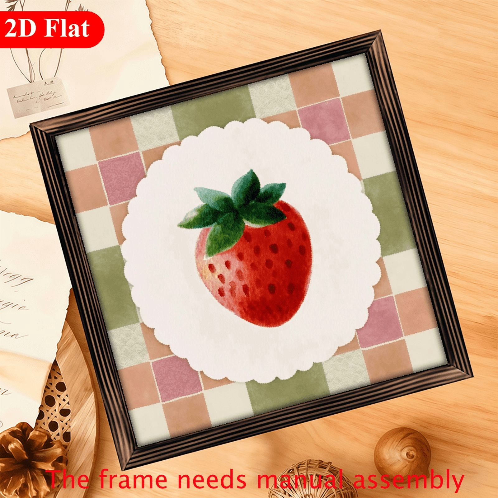 Wood Frame Sign Checkered Strawberry Wall Art Paintings Ideal Gift For ...