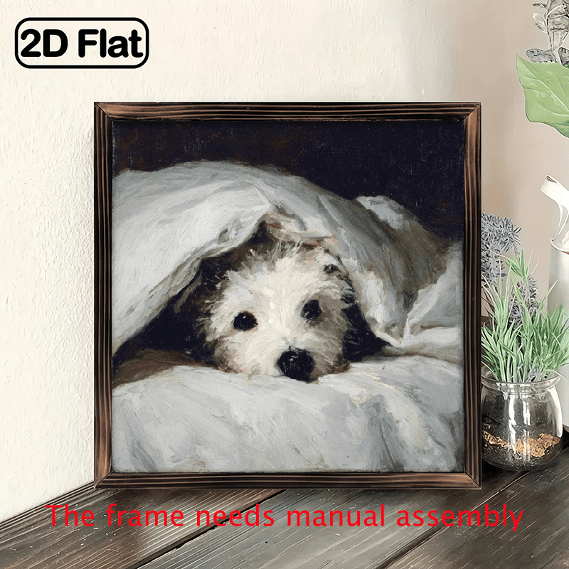 2D Flat, 1Pc Wood Frame Sign Cozy Pup, Vintage Dog Square Wall Art ...