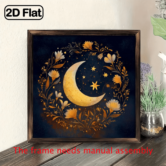 2D Flat, 1Pc Wood Frame Sign Crescent Moon Floral, Dark Cottagecore ...