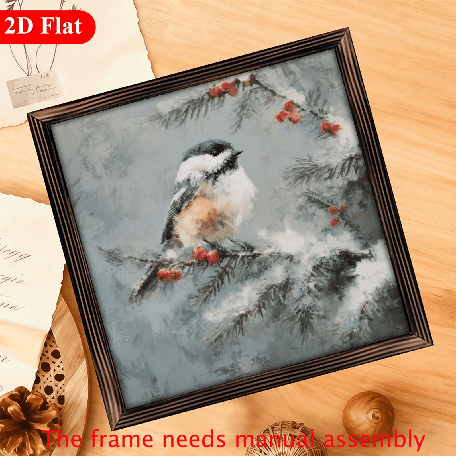 2D Flat, 1Pc Wood Frame Sign Holiday Snowy Bird Wall Art Paintings ...